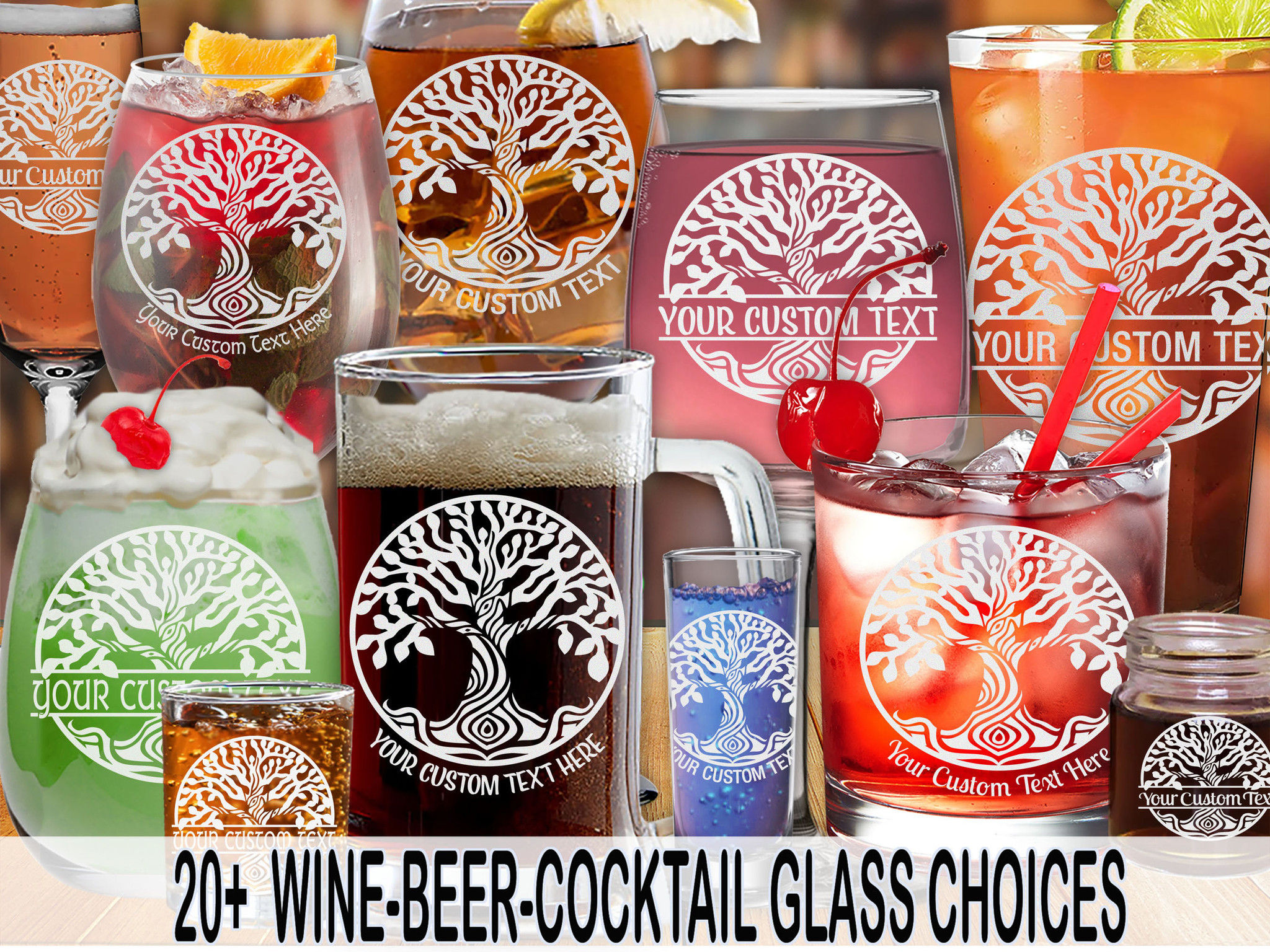 TREE OF LIFE Split Monogram Glass Wine/Beer/Cocktail w/ Free ...