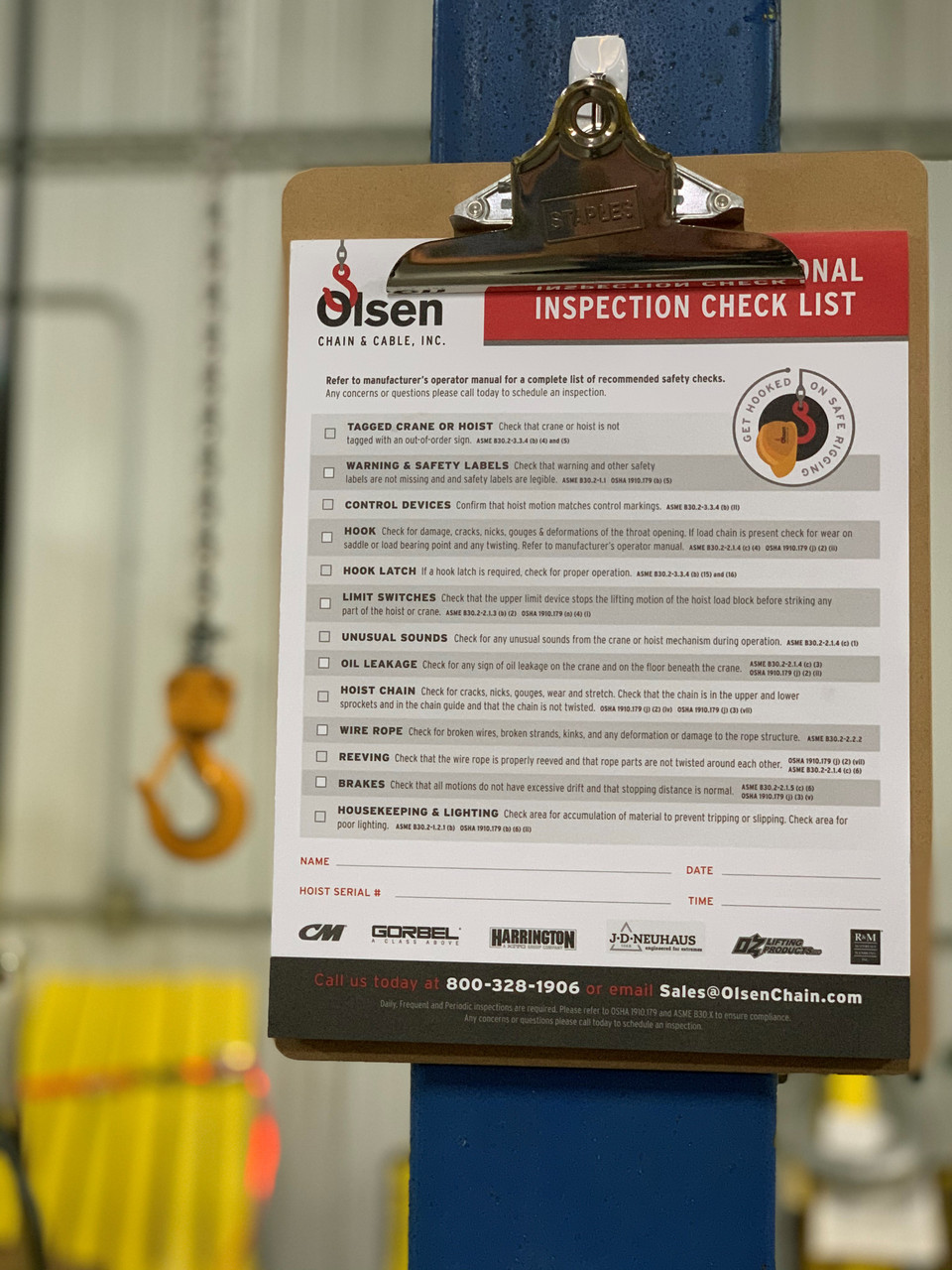 Hoist Pre Operation Checklist - Color (Tablet of 50) - Olsen Chain & Cable