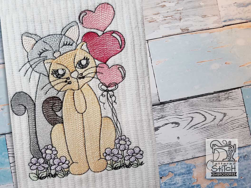 Adorable Love Cat Redwork - Embroidery Designs