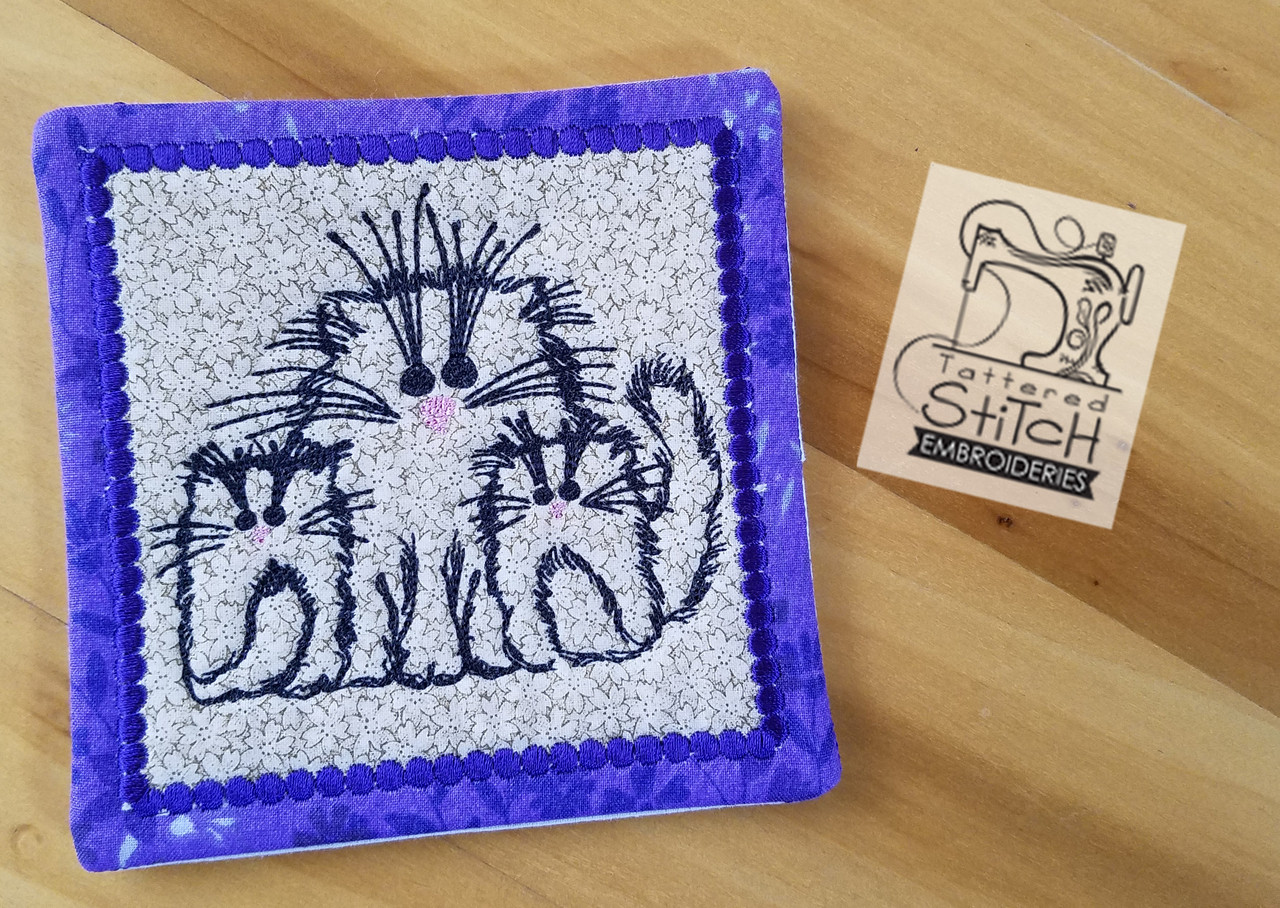 3 Cats - Mug Rug-Coaster - Embroidery Designs
