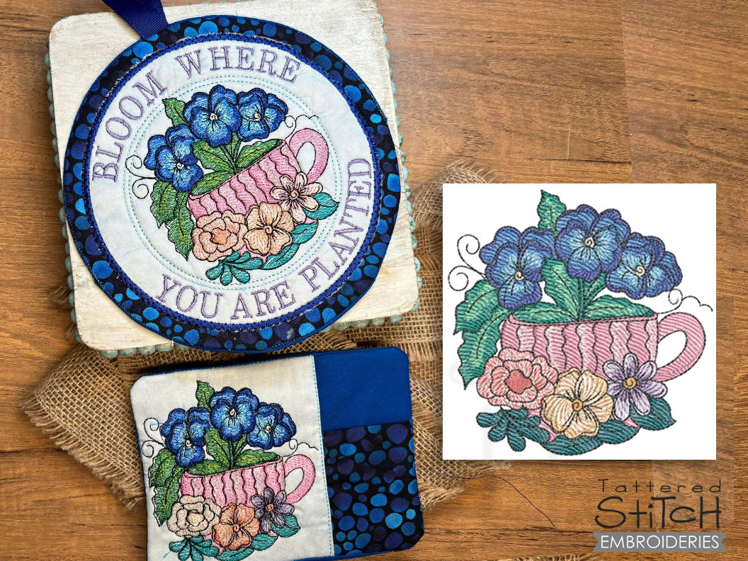 Violets Teacup Mug Rug - Embroidery Designs