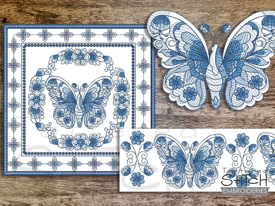 Delft Blue Butterfly Quilt Block - Embroidery Designs
