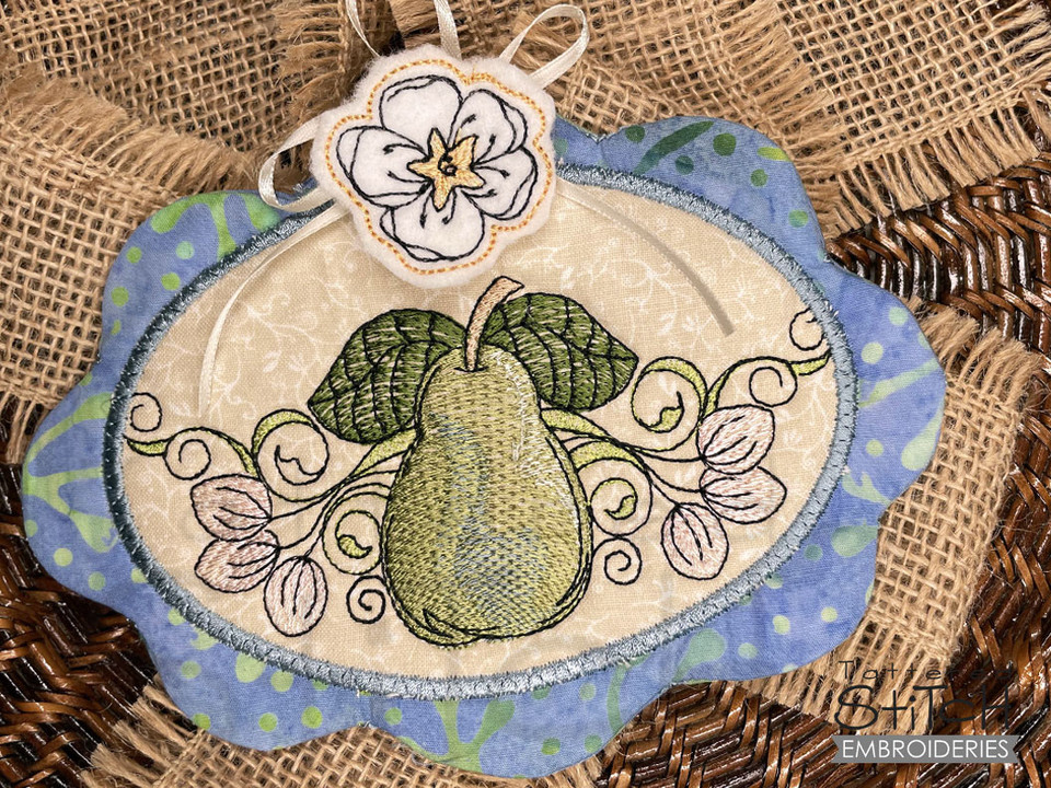 Pear Hot pad with Blossom Feltie - Embroidery Designs