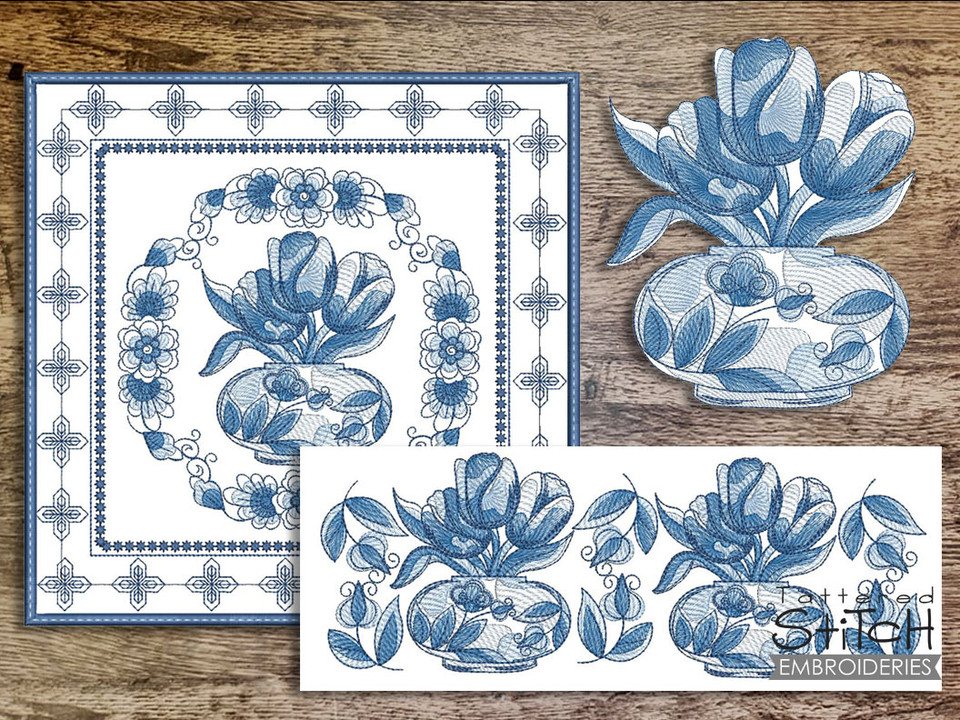 Delft Blue Tulips Quilt Block - Embroidery Designs