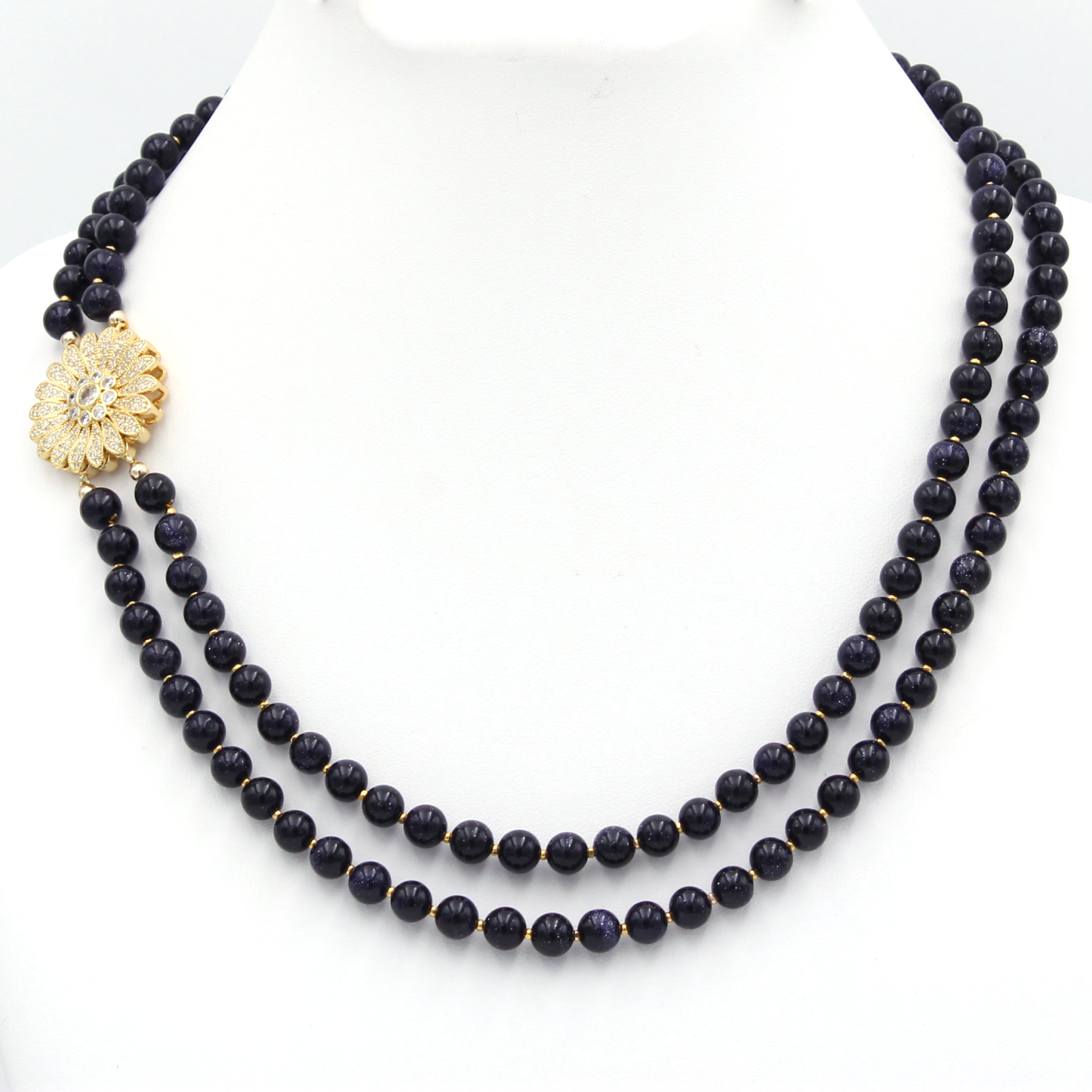Three Line Green Goldstone Necklace with Side Pendant