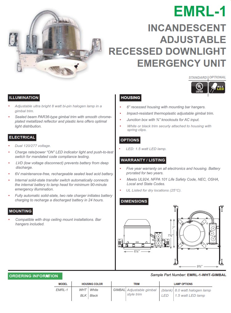 Incandescent Adjustable Recessed Downlight Emergency Unit - Lighting ...