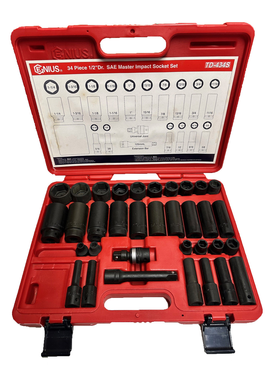 Genius Tools 34pc 1/2"Drive SAE Master Impact socket set TD-434S ...