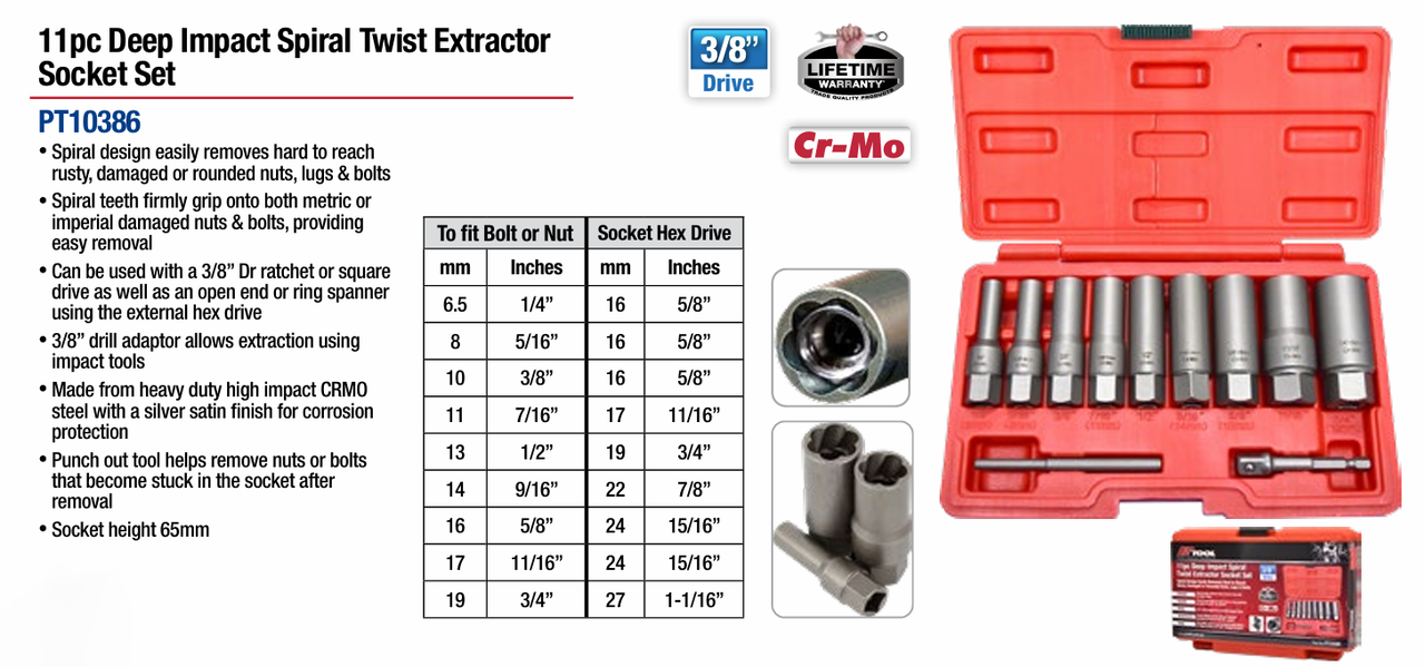 11pc Deep Impact Spiral Twist Extractor Socket Set PT10386 - Robson's ...