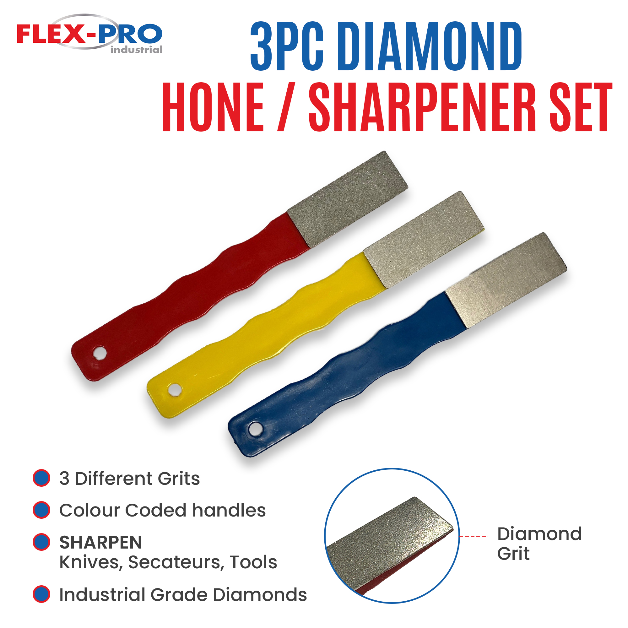 FLEXPRO 3pc Diamond Sharpener & Hone set 400, 600 and 12000 grit ...