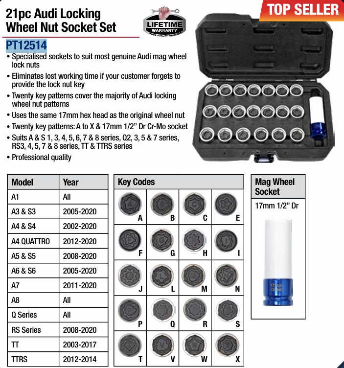 21pc Audi Locking Wheel Nut Socket Set PT12514 - Robson's Tool King Store