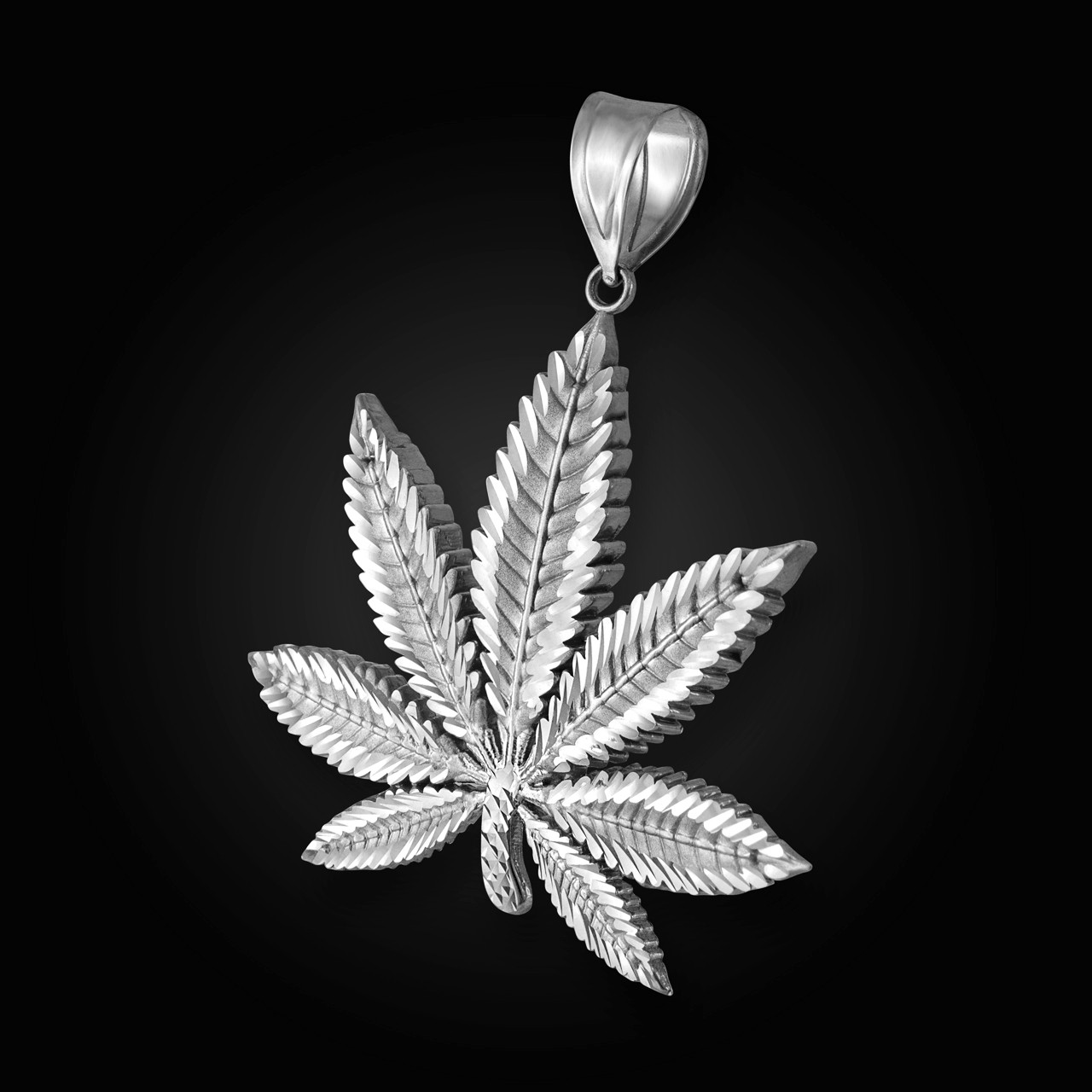Sterling Silver Marijuana Cannabis Weed Leaf Diamond-cut Pendant.