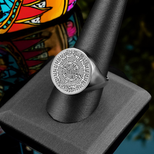 Sterling Silver Aztec Mayan Sun Calendar Signet Ring | Men's Statement ...