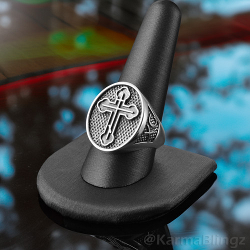 Sterling Silver Eastern Orthodox Cross Oval Signet Ring for Men – Bold ...