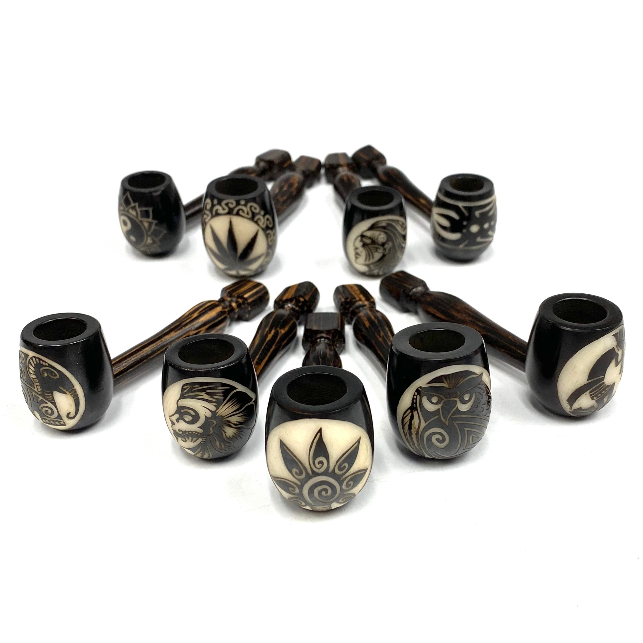 Tagua Nut Hand Carved Pipe With Hand Carved Wooden Stem Assorted 1
