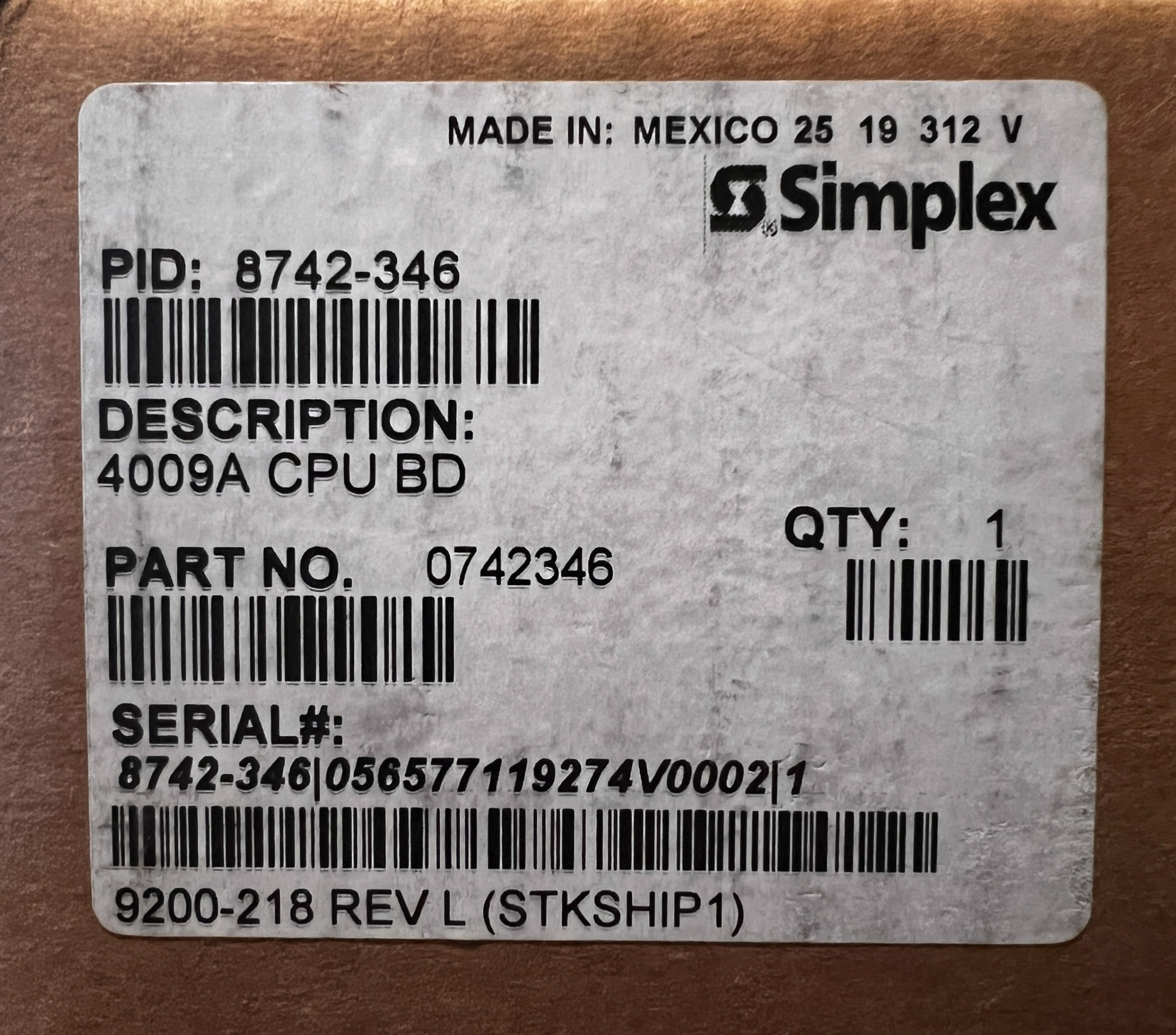 Simplex 8742-346, 742-346 4009A CPU Board, NAC PANEL CPU BOARD NIB ...