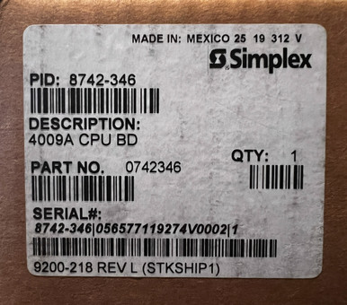 Simplex 8742-346, 742-346 4009A CPU Board, NAC PANEL CPU BOARD NIB ...