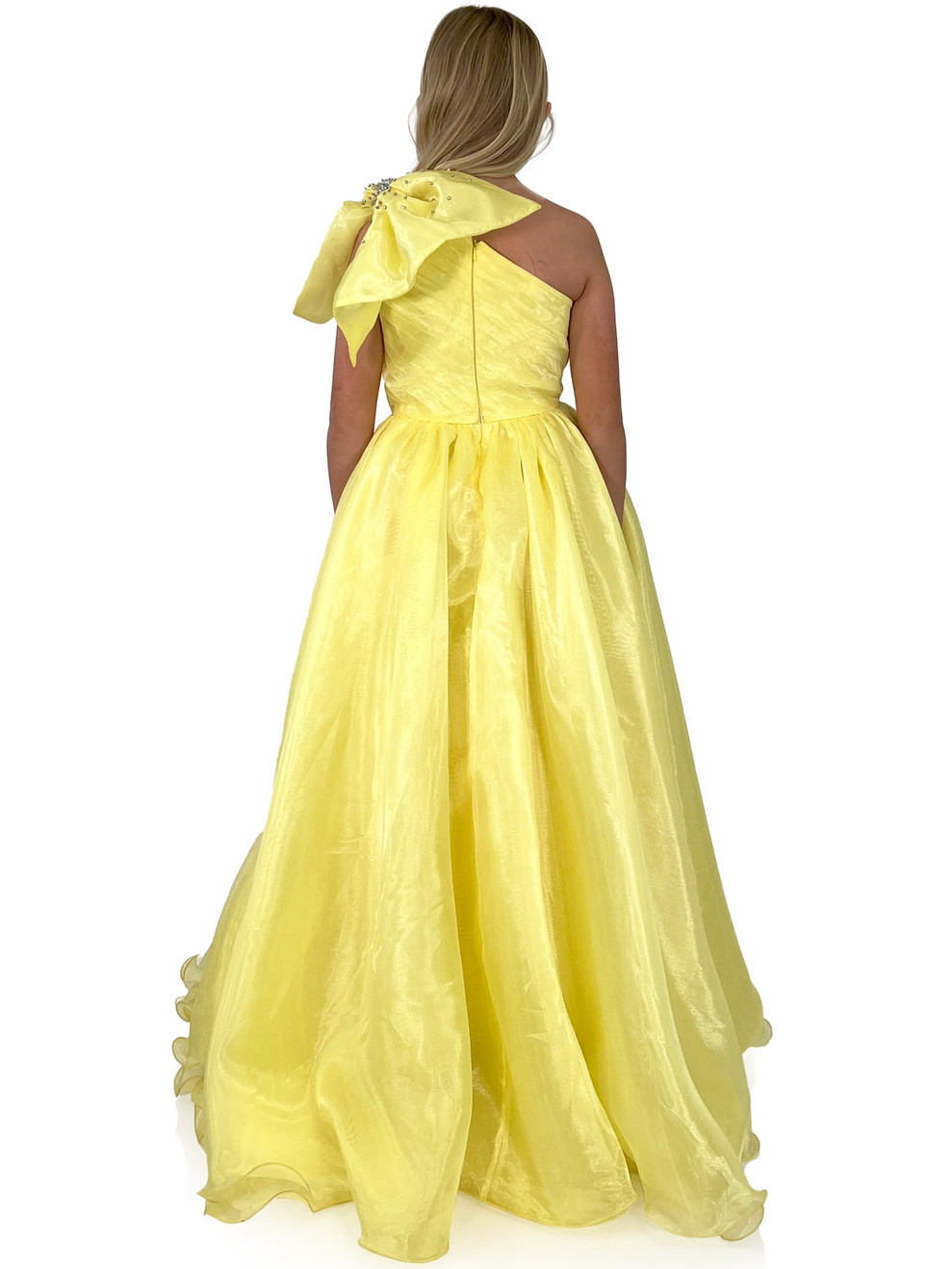 pleated top ball gown with crystalized bow details