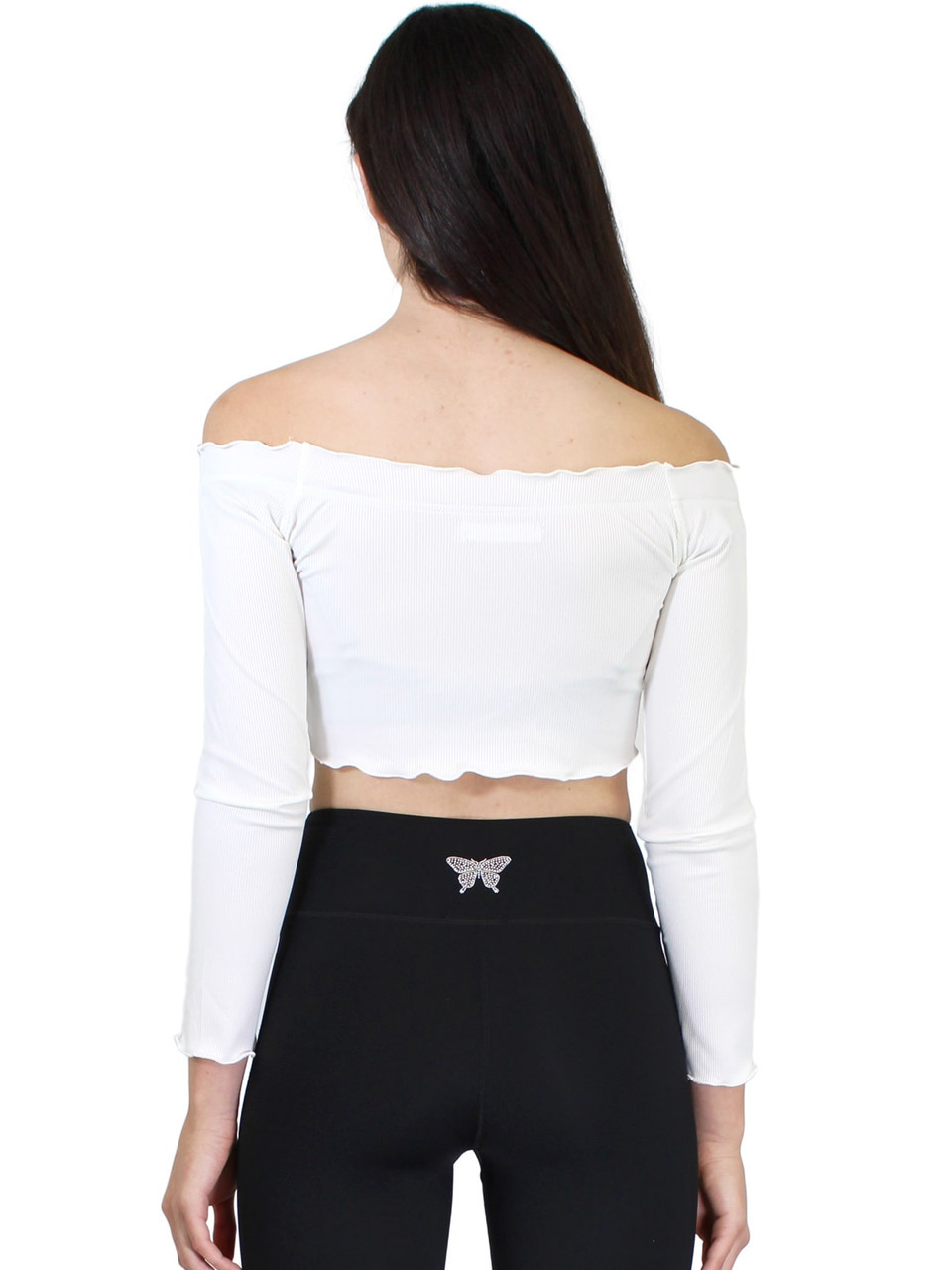 Ribbed Lettuce Edge Off Shoulder Cropped Top