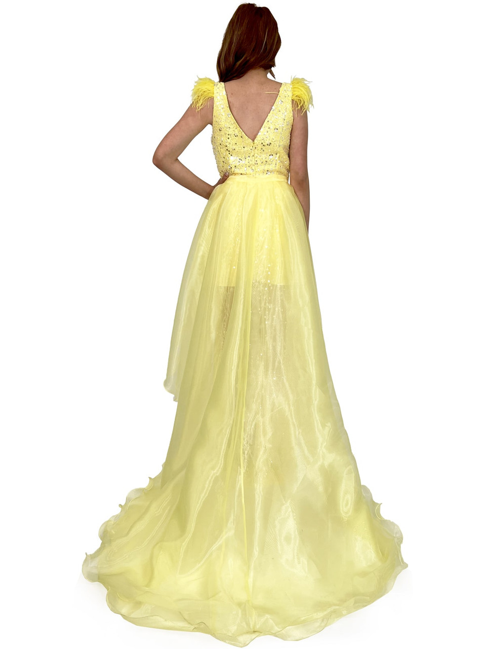 Fully beaded feather gown with overskirt