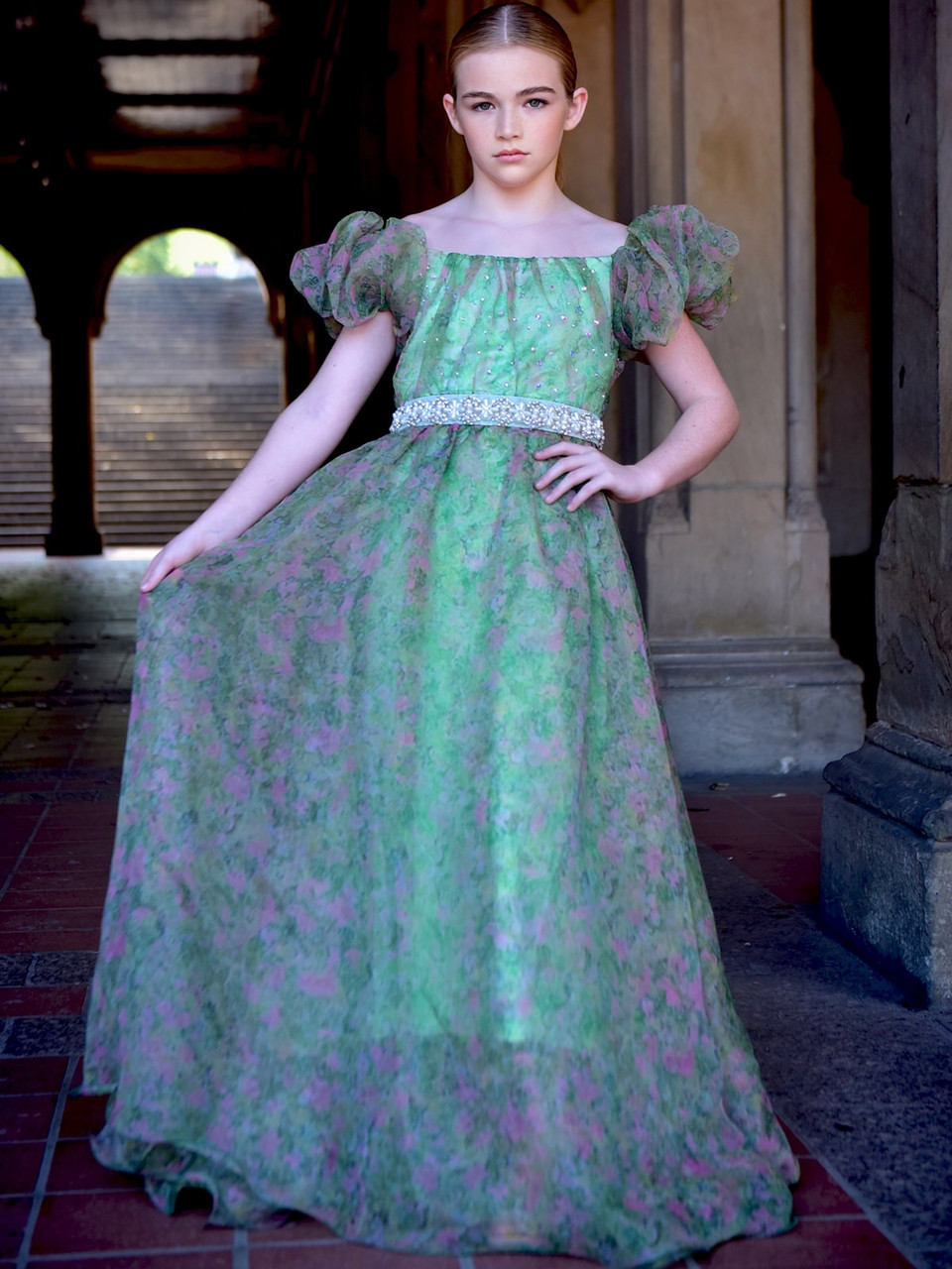 Floral printed bubble sleeve girls evening gown