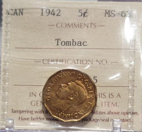 1942 CANADA CIRCULATION 5 CENT TOMBAC MS-63 - West Edmonton Coin & Stamp
