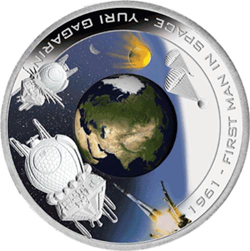 2008 - COOK ISLAND 1OZ SILVER COLOURED PROOF COIN - FIRST MAN IN SPACE ...