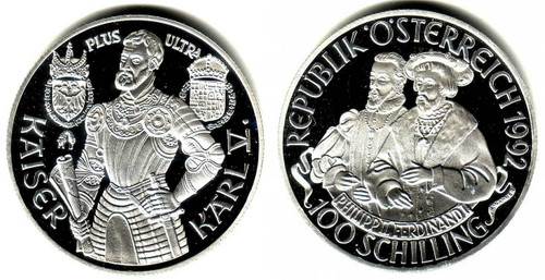 1992 OSTERREICH 100 SCHILLING KAISER KARL V. PROOF - West Edmonton Coin ...