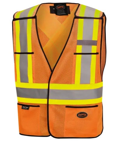 Pioneer Hi-Vis Poly Mesh Safety Vest - 5-pt Tear-Away - Hi-Vis Orange