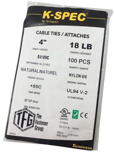 Techspan E4189C Natural Standard Cable Tie 4"
