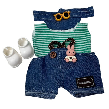 Trendy Denim Overalls Set with Stripe Shirt, Visor & Shoes for 17.5cm ...
