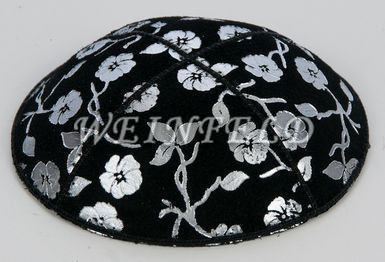 Genuine Suede Yarmulke - Metallic Embossed - SILVER METALIC FLOWERS ...