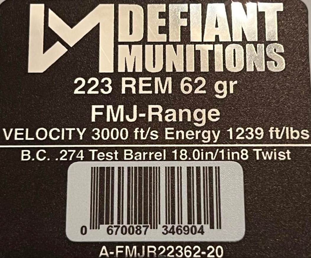 .223 REM 62gr FMJ Range, 20rd Box - Defiant Munitions