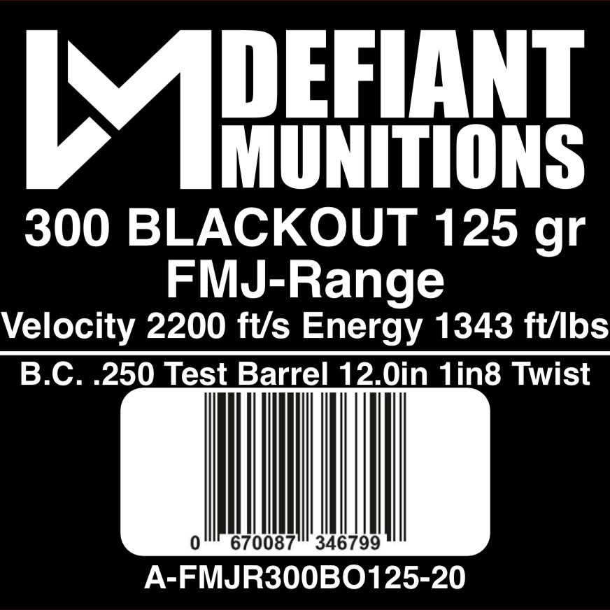 300 BLACKOUT 125gr FMJ-Range/Training-20pk - Defiant Munitions