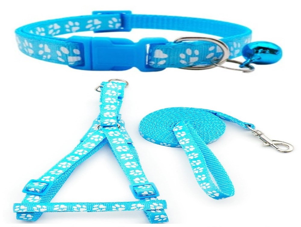 Small Light Blue Pawprint Nylon Dog Collar Harness & Lead Set - Doggie ...