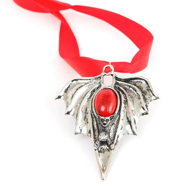 Metal Vampire Bat Medallion with Red Stone | Halloween