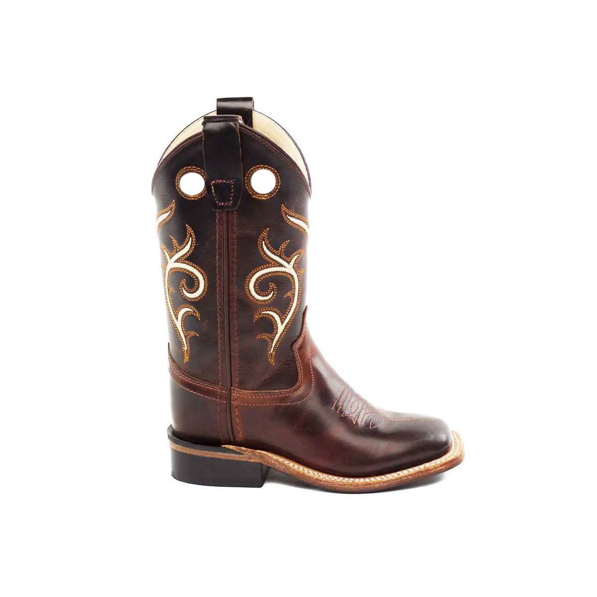 OLD WEST Childrens Broad Sq Toe Leather Boots