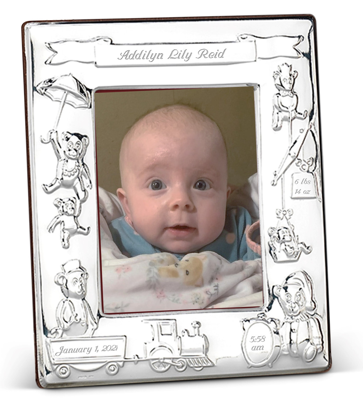 Cunill 'Teddy Train' Birth Record 3x5 Sterling Silver Picture Frame