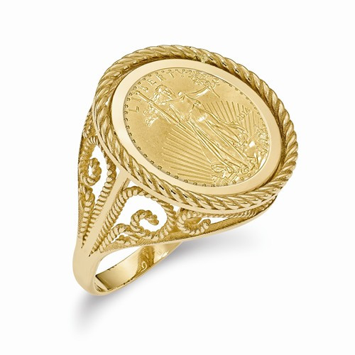 14k Gold Ladies 21.3mm Coin Ring With A 22k 1/10 Oz American Eagle ...