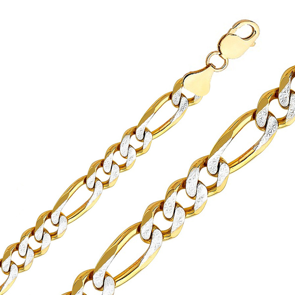14k Gold 13mm White Pave Figaro Chain 30 Inches | Sarraf.com