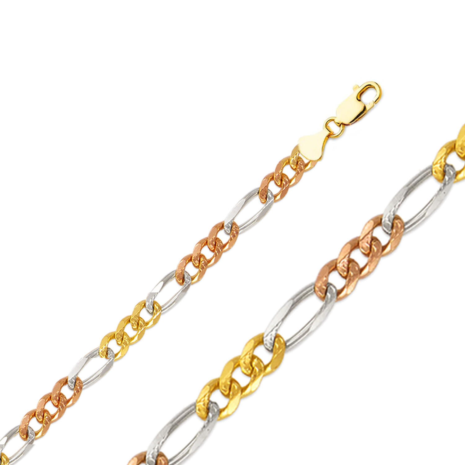 14k Gold 5.7mm Tri-color Figaro Bracelet 7 Inches | Sarraf.com