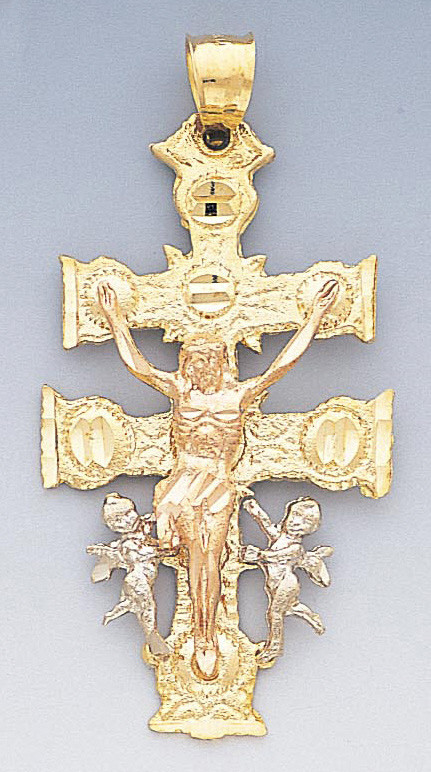 14k Gold Tri-color Cara Vaca Crucifix Pendant 28mm W X | Sarraf.com