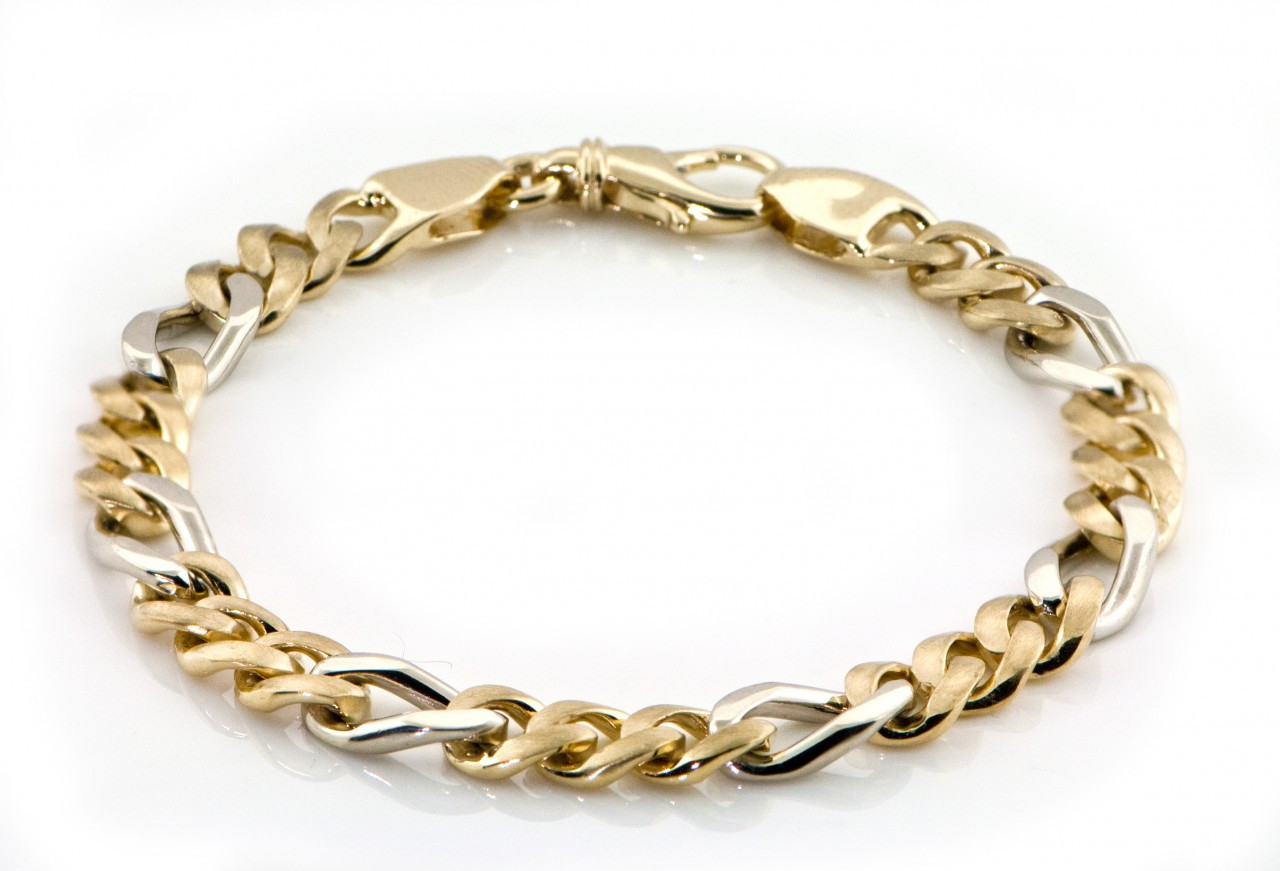 14k Two Tone Figaro Hand Made Gold Chain 6.8mm Wide 22 Inches | Sarraf.com