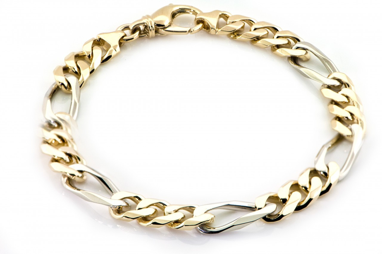 18k Two Tone Gold Handmade Figaro Chain 8.8mm Wide 24 Inches | Sarraf.com