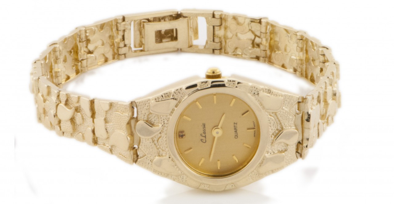 14k Gold 21mm Tapering to 9mm Ladies Nugget Watch | Sarraf.com