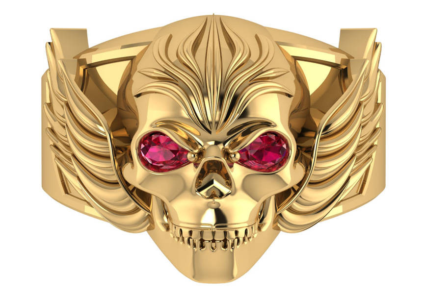 14k Yellow Gold Skull Genuine Ruby Ring 19.5mm | Sarraf.com