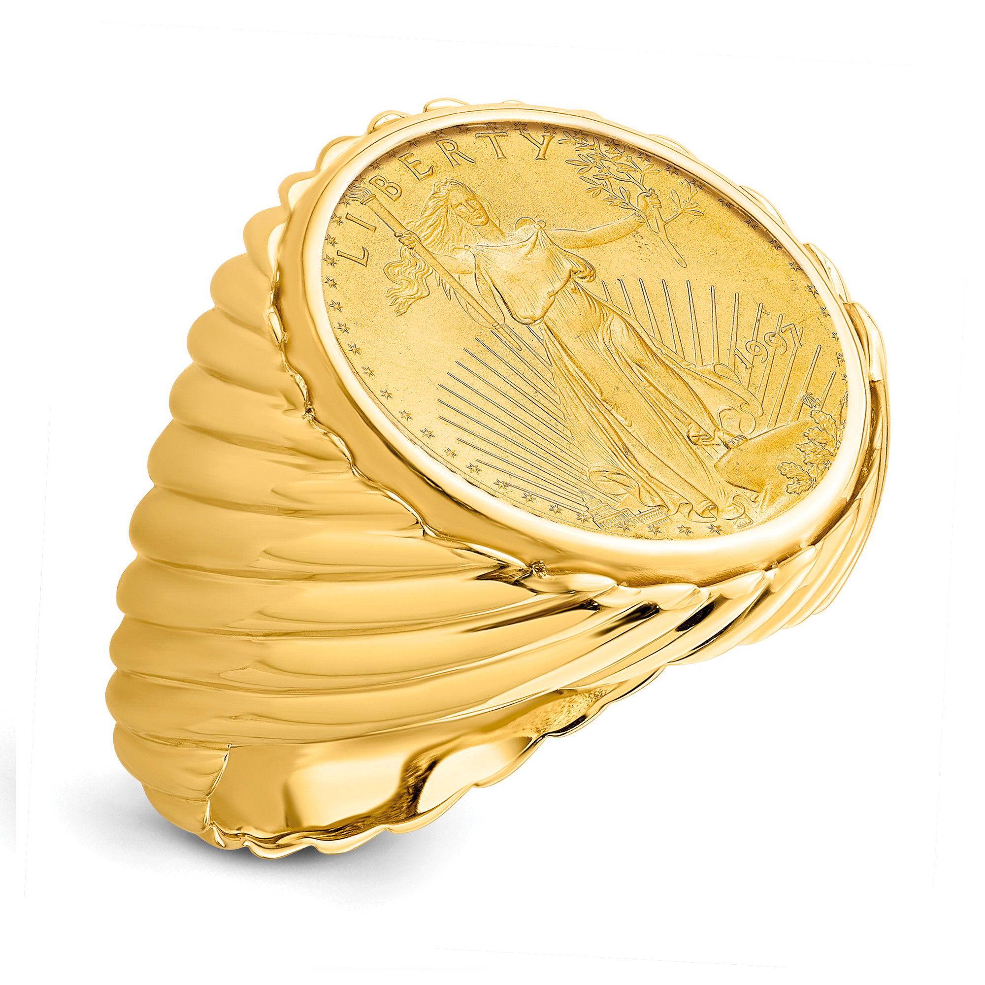 14K Yellow Gold Men's Diagonal Fluting Design Ring With A 22k 1/10 Oz ...