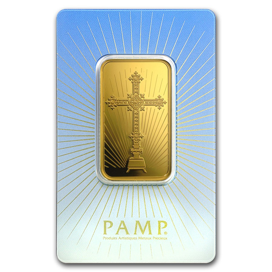24k Gold 5 Gram Pamp Suisse Roman Cross Bar Encased in 14K Gold ...