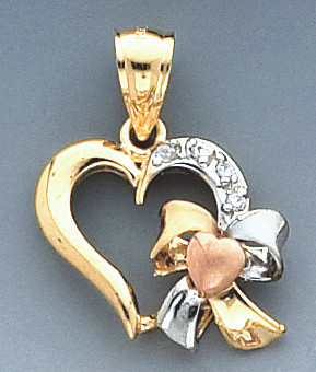 14K Gold Tri-Color Heart Shape Charm With Ribbon 25mm Tall By 19mm Wide ...