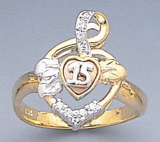 14k Gold 19mm Tri-color Fancy Sweet 15 Ring With Cz Accents | Sarraf.com