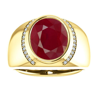 14k Yellow Gold Men's Genuine Ruby Diamond Ring 12mm x 10mm| Sarraf.com
